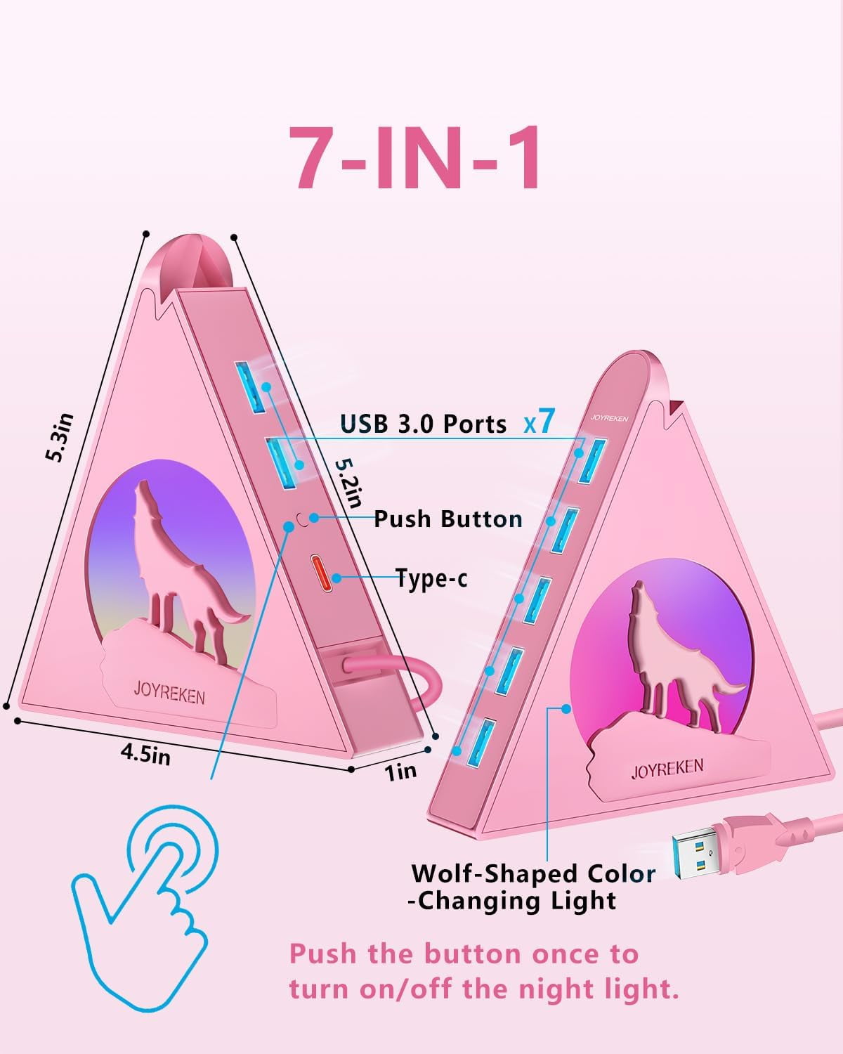 JUNXIAO-7 Port USB 3.0 Hub,Pink USB Hub with Wolf Shaped RGB Night ...