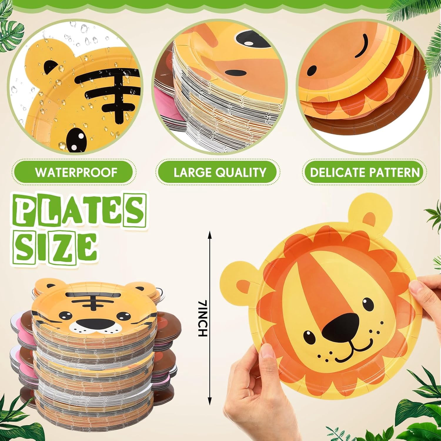 JUNXIAO-72 Pcs Jungle Safari Paper Plates 7" Animal Shaped Disposable ...