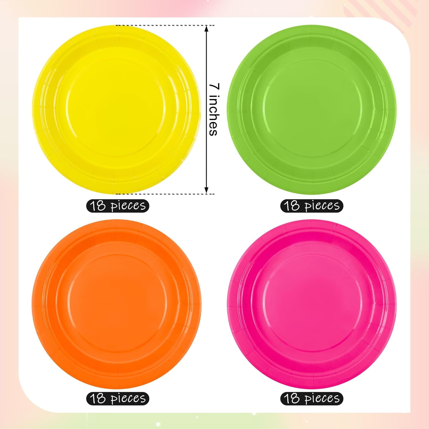JUNXIAO-72 Pieces Neon Paper Plates 7 Inch Bulk Paper Plates Disposable ...
