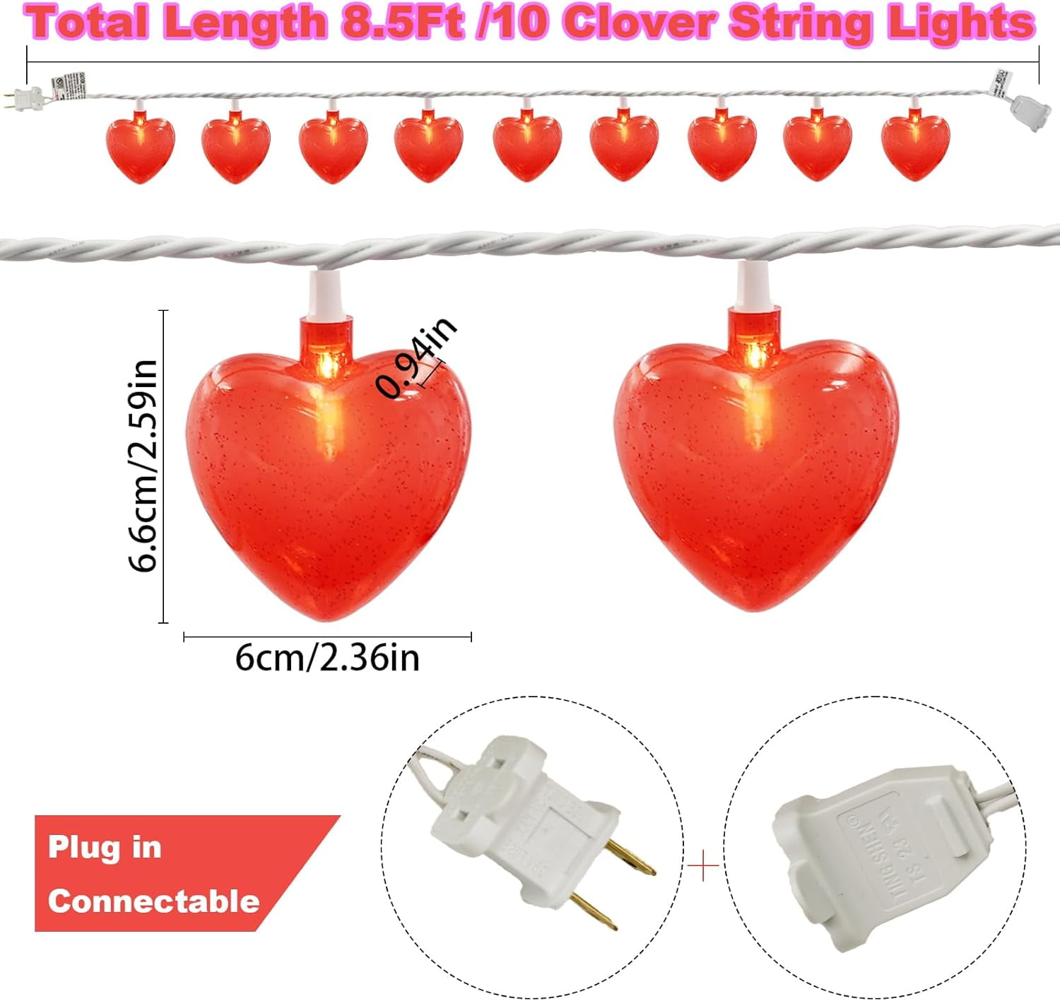 JUNXIAO-8.5Ft Red Heart String Lights with 10 Red 3D LED Heart Lights ...