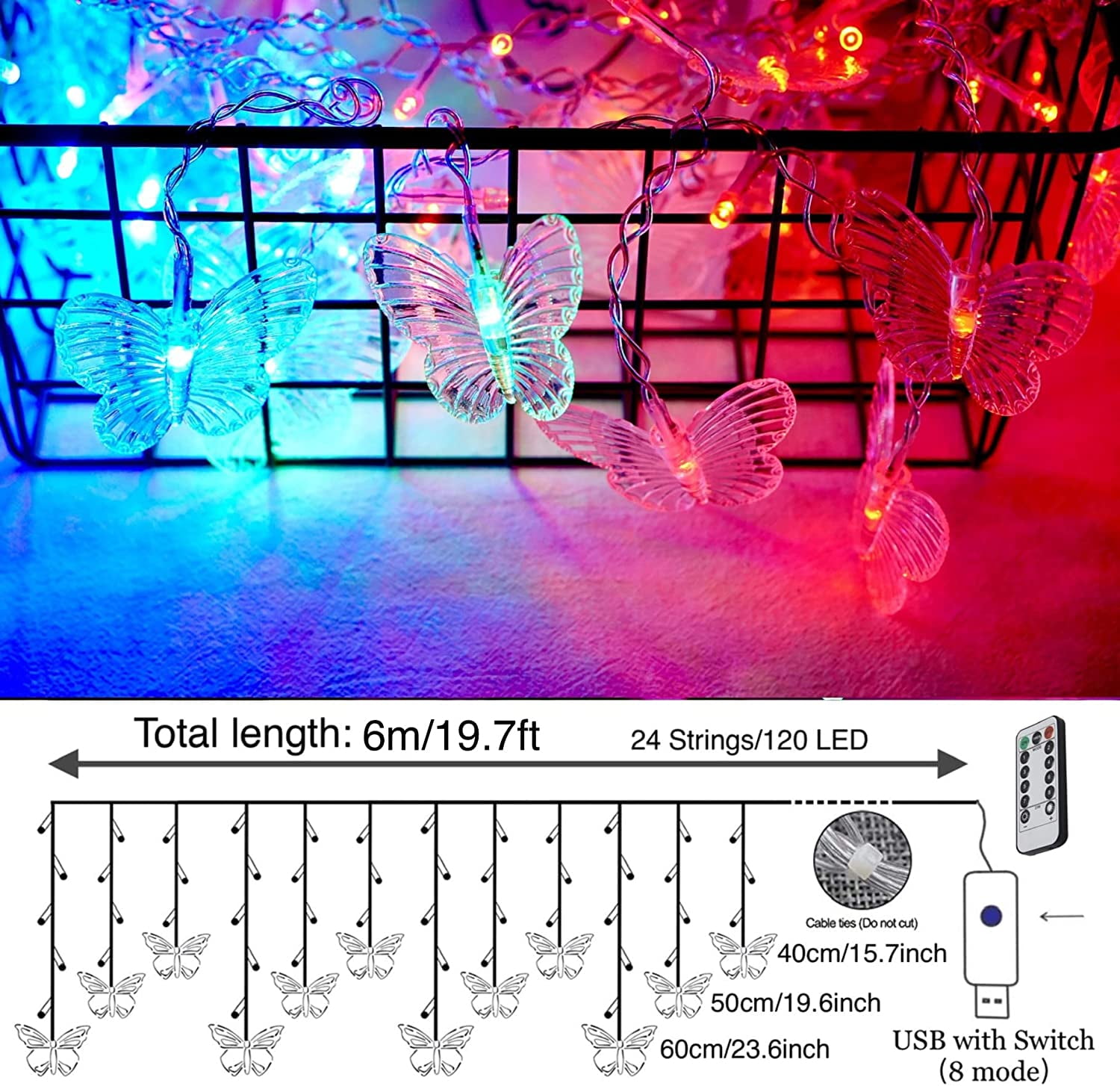 LINYAN-8 Modes 120 LED 19.7FT Firefly Twinkle Timer String Lights with ...