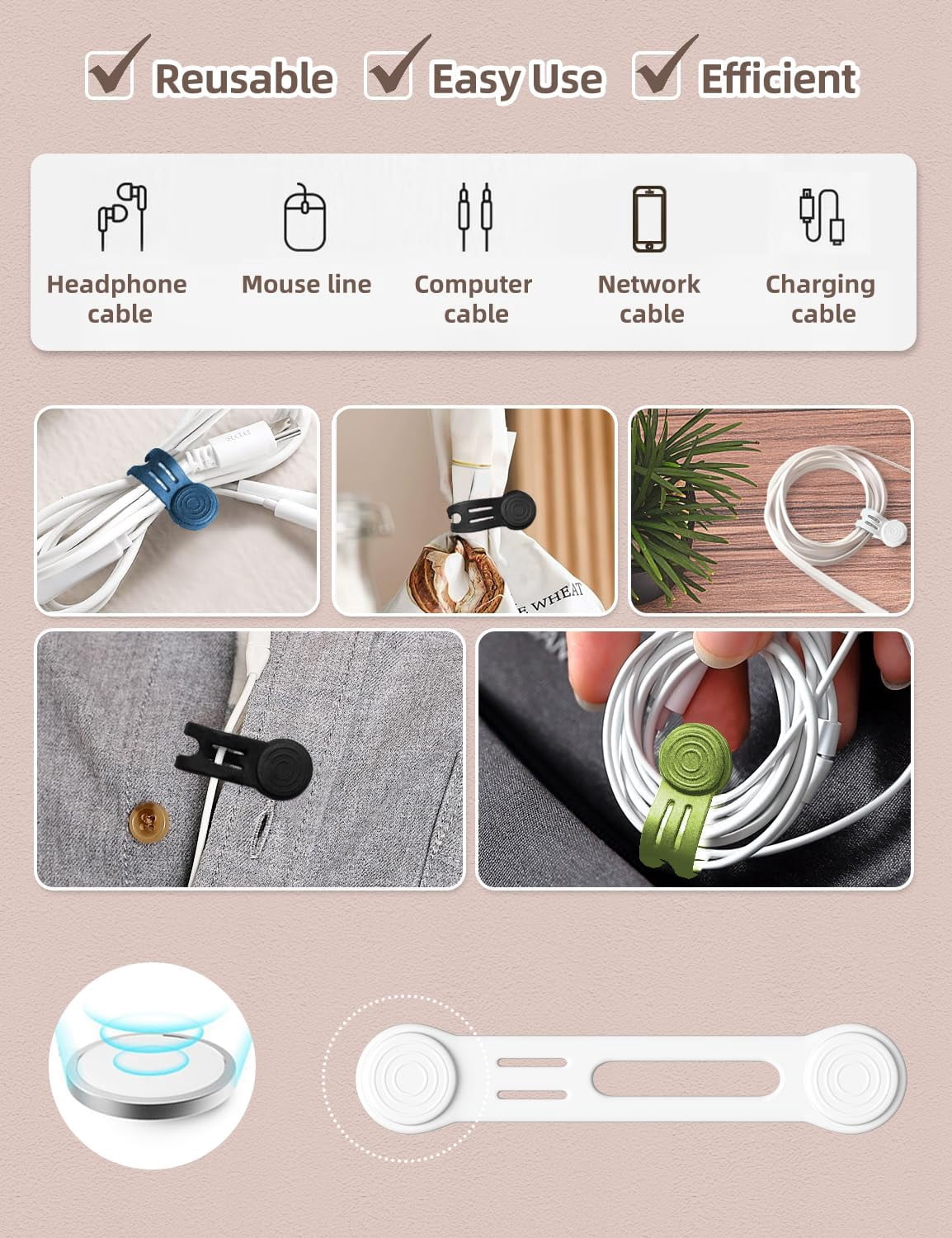 JUNXIAO-8-Pack Magnetic Cable Ties, Magnet Cord Wraps Reusable Silicone ...