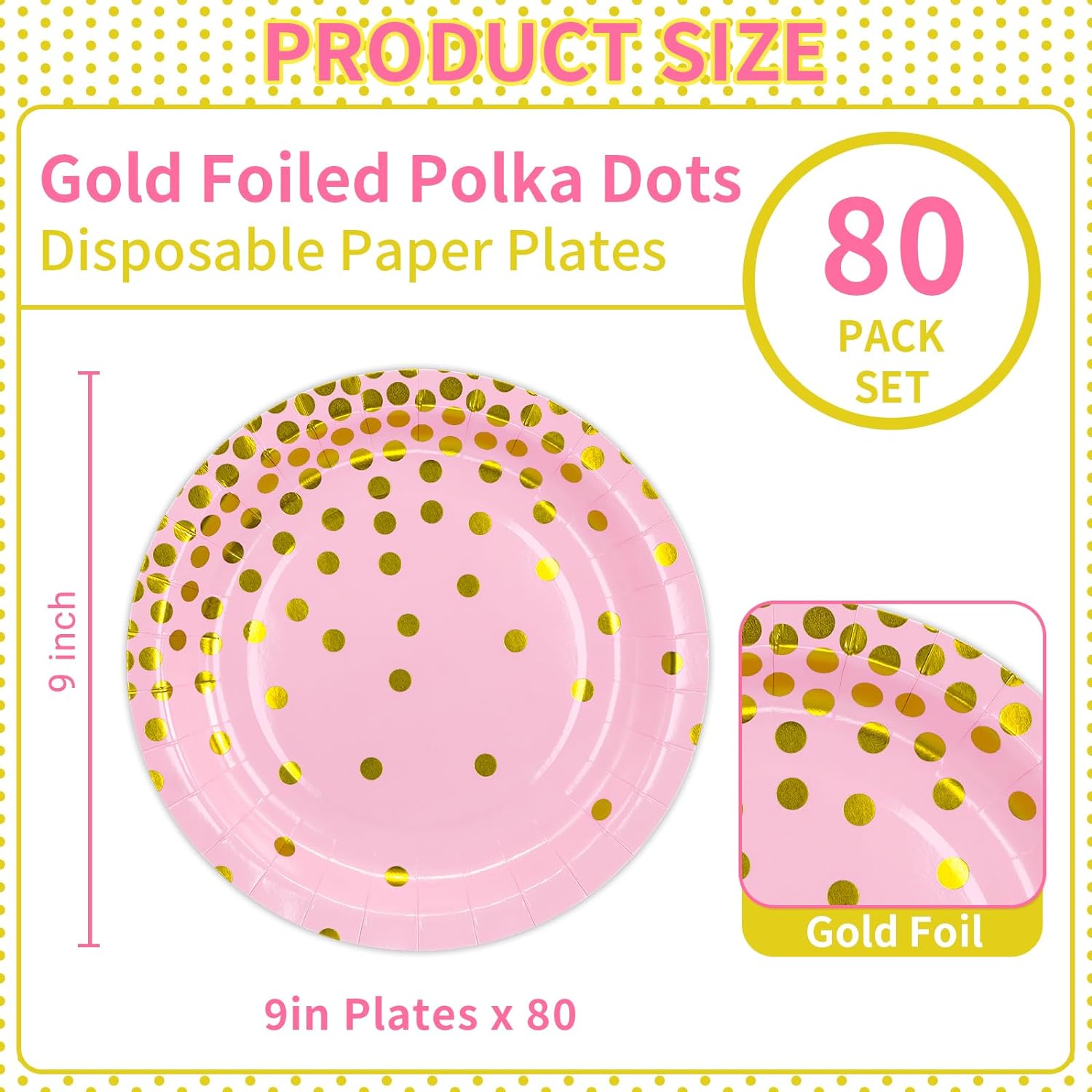 JUNXIAO-80 Count Pink and Gold Paper Plates, 9 inch Metallic Foil Polka ...
