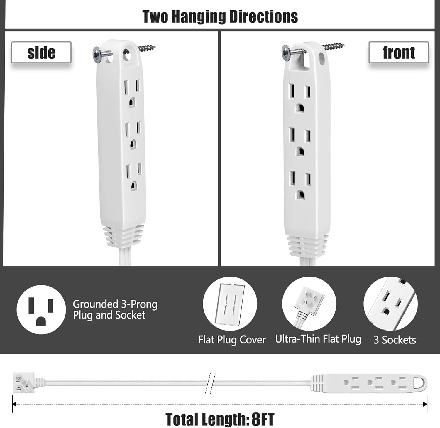 JUNXIAO-8FT Ultra Flat Plug Extension Cord Power Strip with 3 Outlets ...