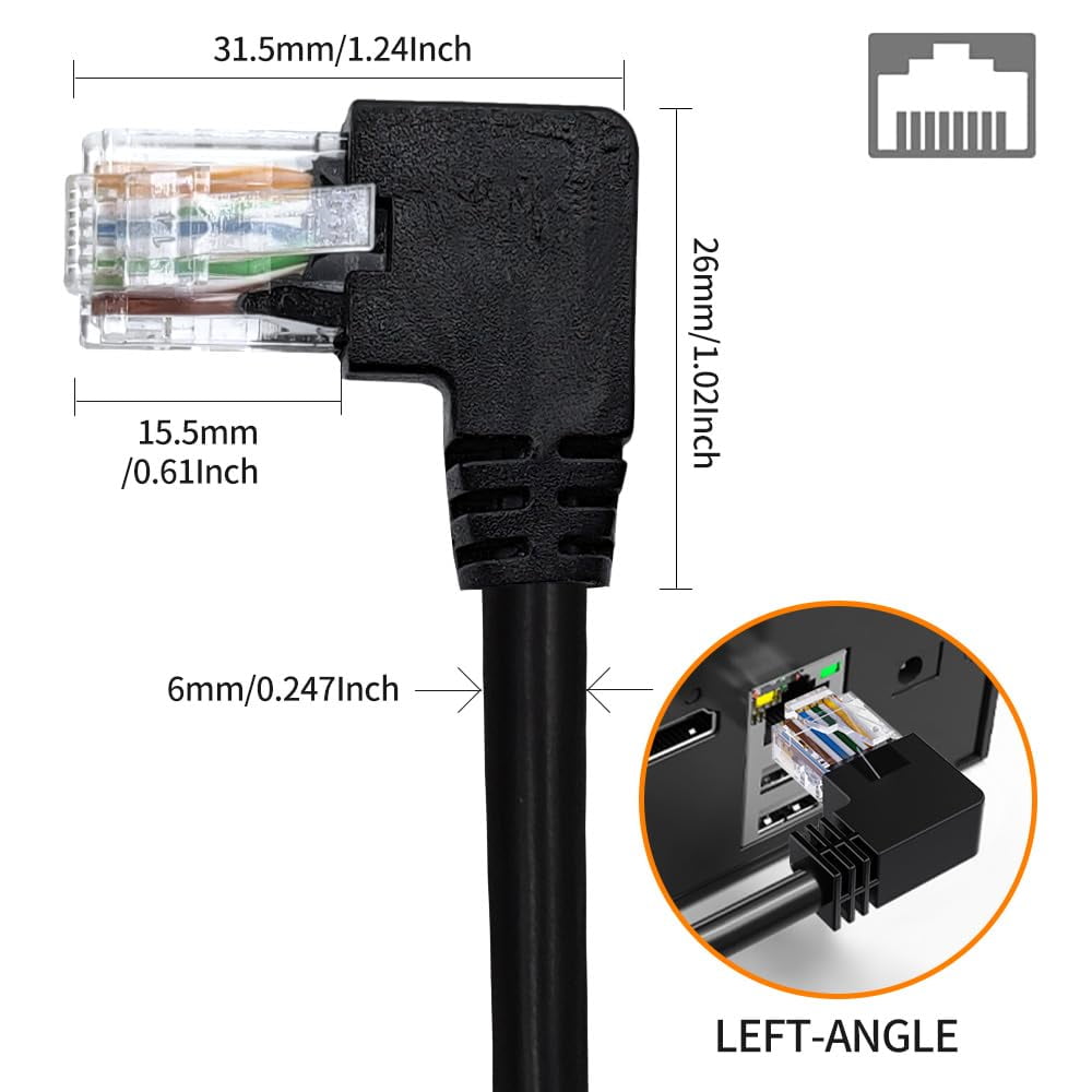 JUNXIAO-90 Degree Cat 6 Ethernet Cable Left Angle 6.6FT RJ45 Network ...