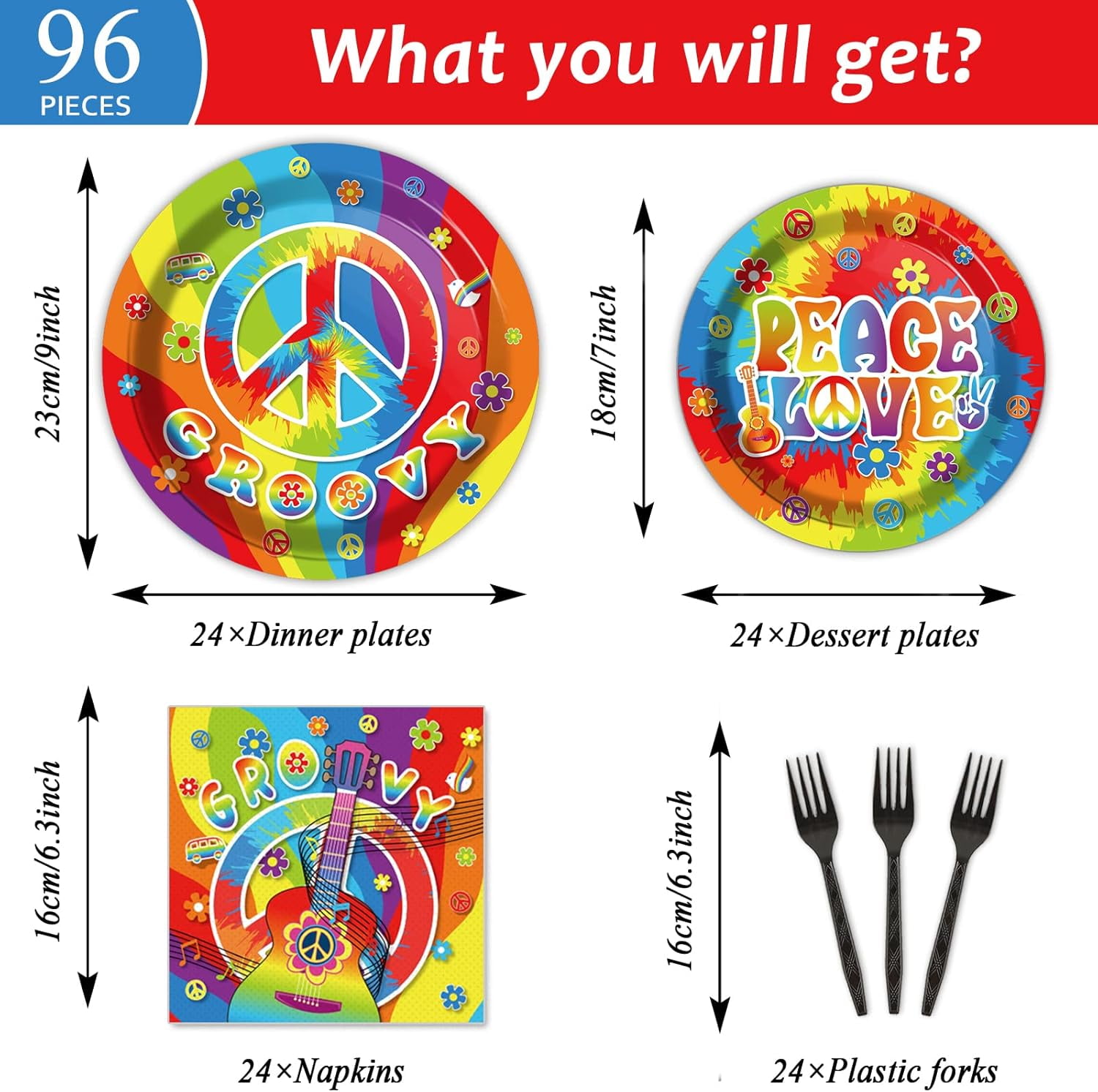 JUNXIAO-96 PCS 60‘s Party Hippie Tableware Set Groovy Plates Napkins ...