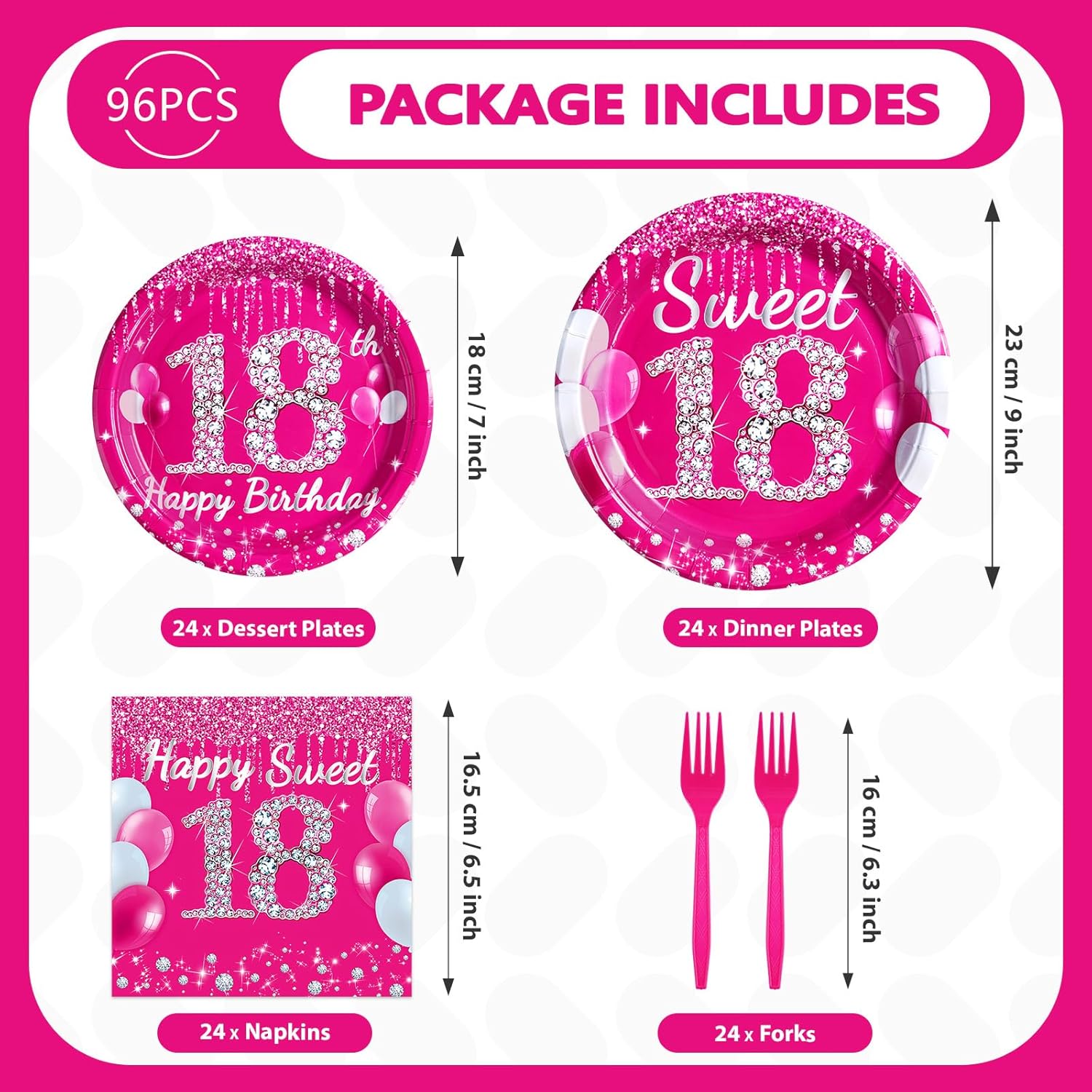 JUNXIAO-96 Pcs 18th Birthday Party Supplies Hot Pink Sweet 18 Years Old ...