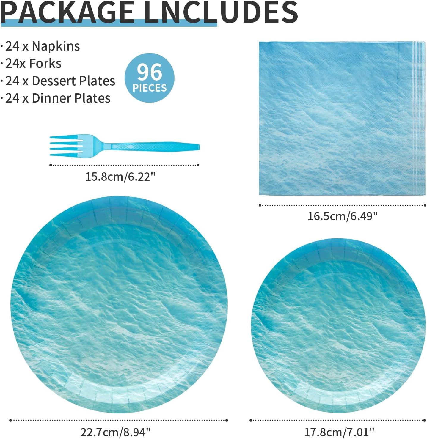 JUNXIAO-96 Pcs Sea wave water ripple Party Supplies Bundle Paper Plates ...