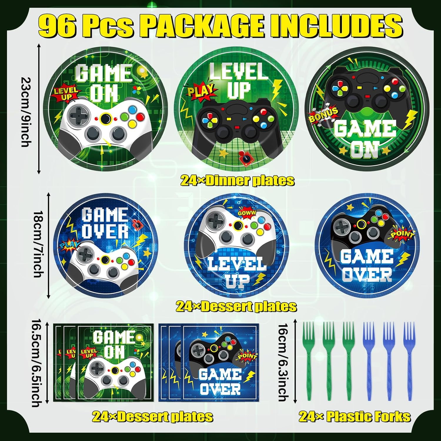 JUNXIAO-96PCS Video Game Birthday Party Plates and Napkins Blue Green ...
