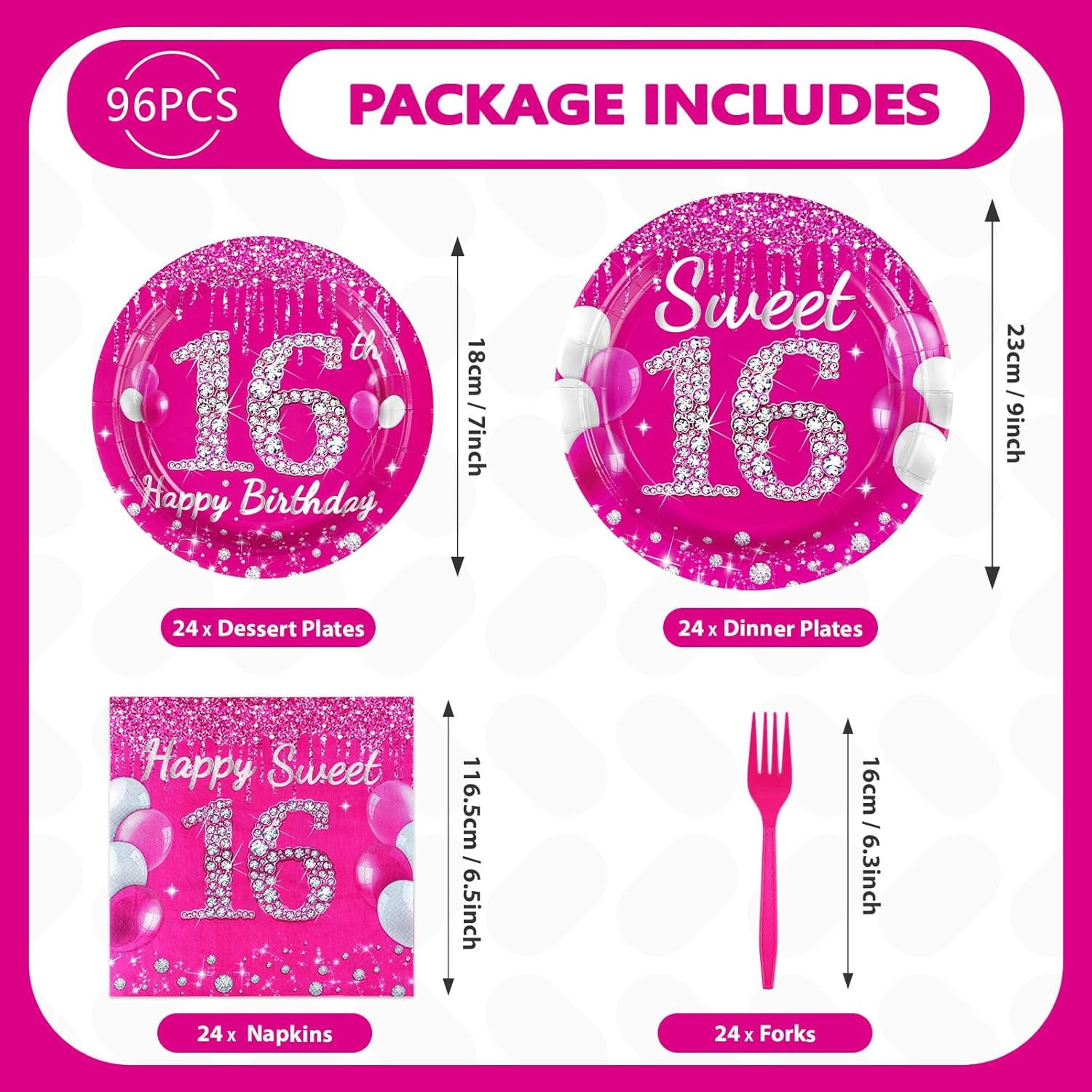 JUNXIAO-96Pcs 16th Birthday Party Supplies 350 GSM Hot Pink Sweet 16 ...