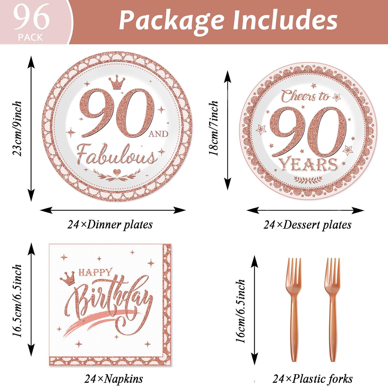 JUNXIAO-96Pcs 90th Birthday Party Decorations for Women Rose Gold 90th ...