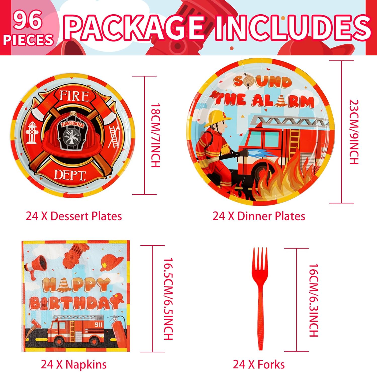 JUNXIAO-96Pcs Firefighter Birthday Party Decorations Fire Truck Party ...