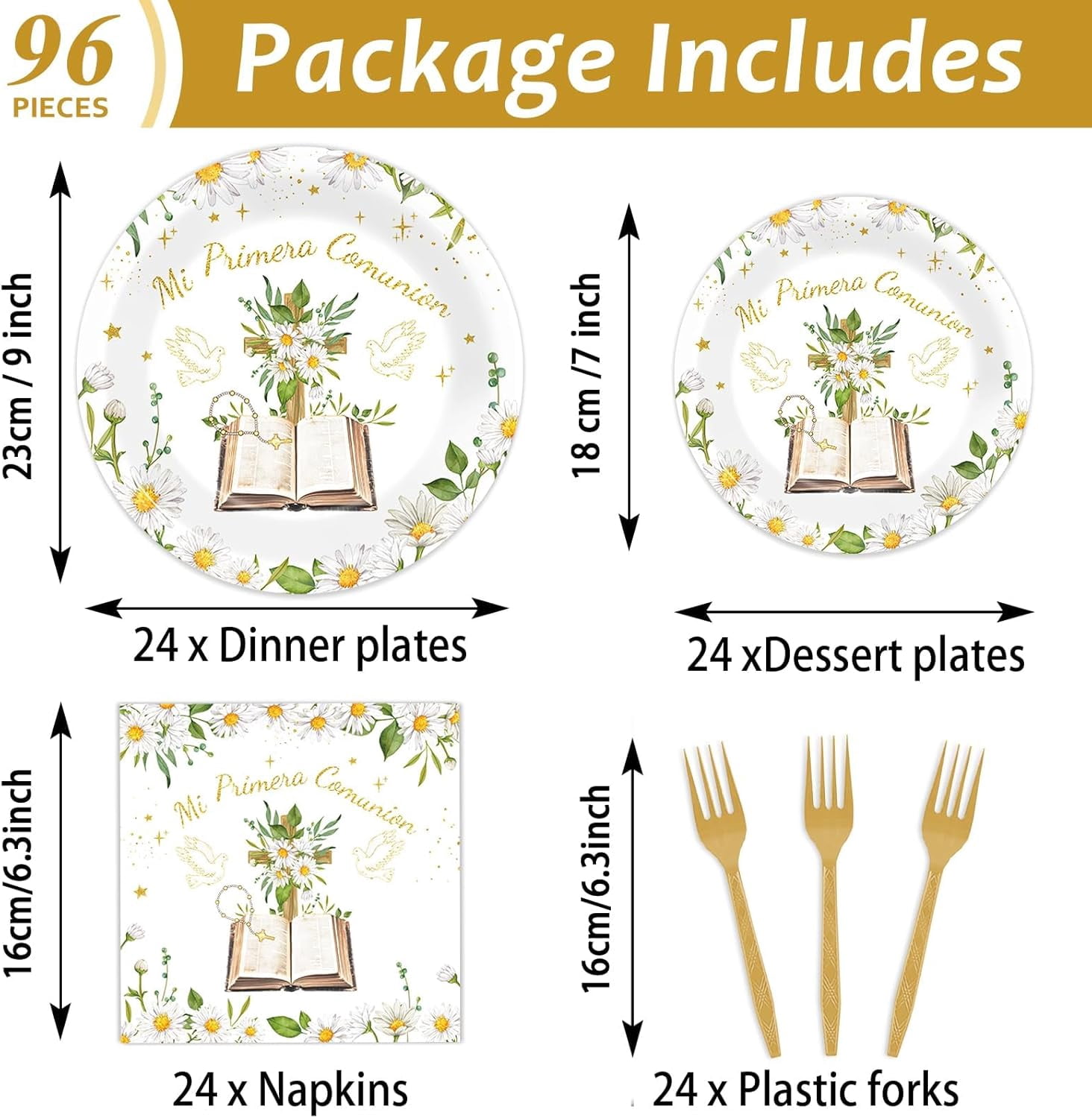 JUNXIAO-96Pcs Mi Primera Comunion Decorations White and Gold Baptism ...