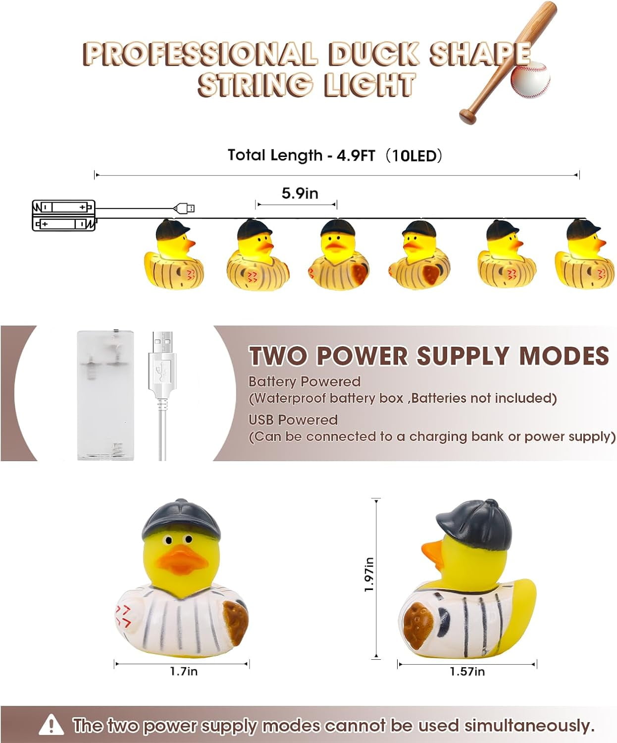 JUNXIAO-Baseball Rubber Ducks String Lights, 10 LED Lights, Fun ...