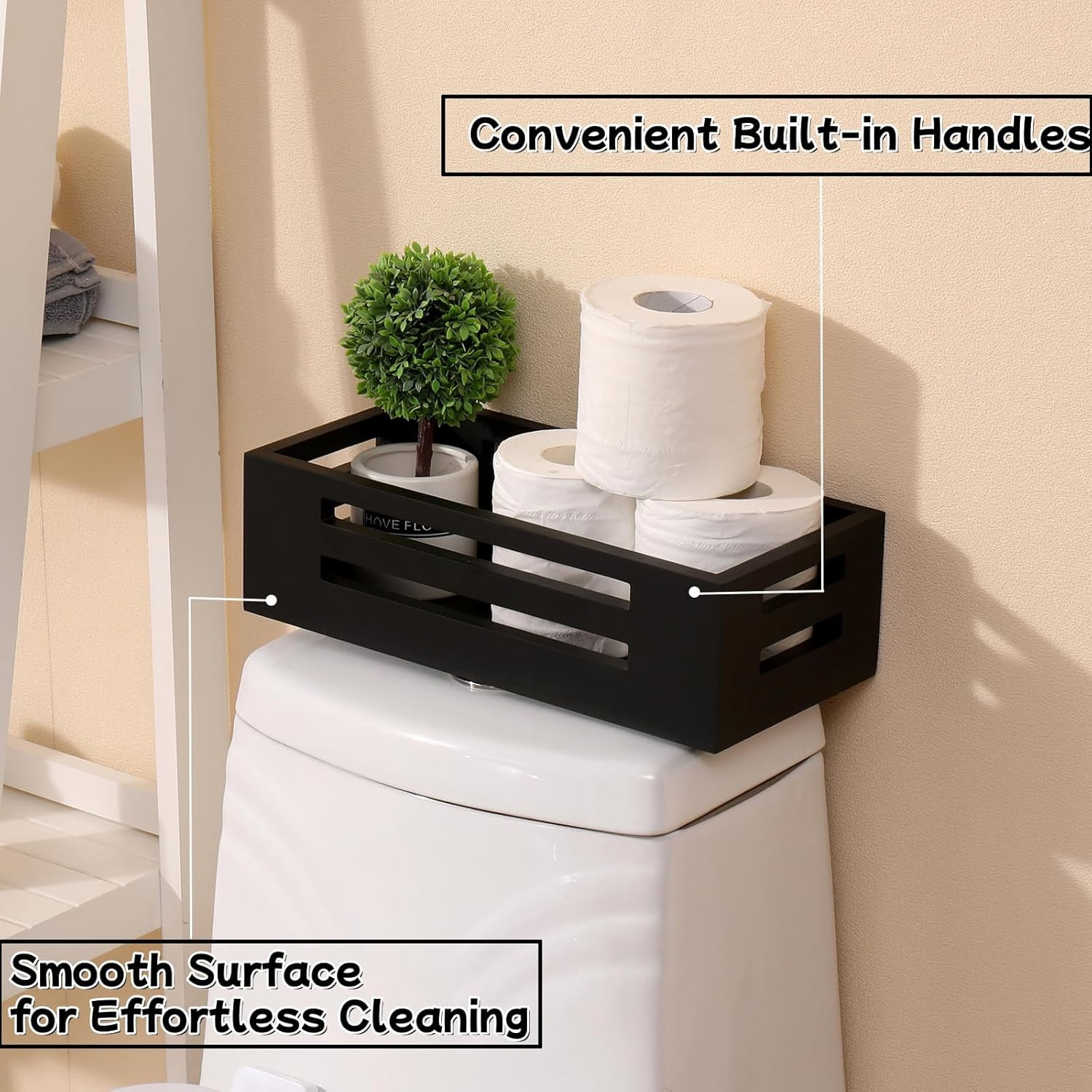 JUNXIAO-Black Decor Box Wooden Toilet Tank Paper Basket with Handles ...