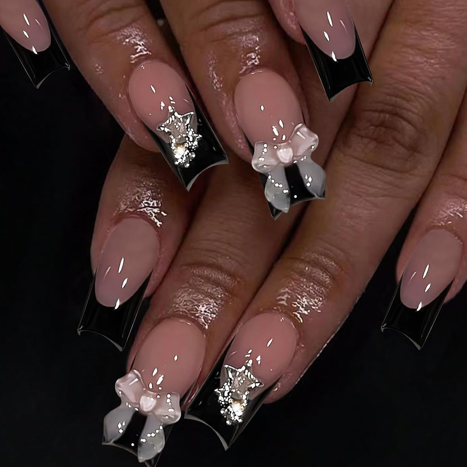 JUNXIAO-Black French Tip Press on Nails Medium Long Square Acrylic ...