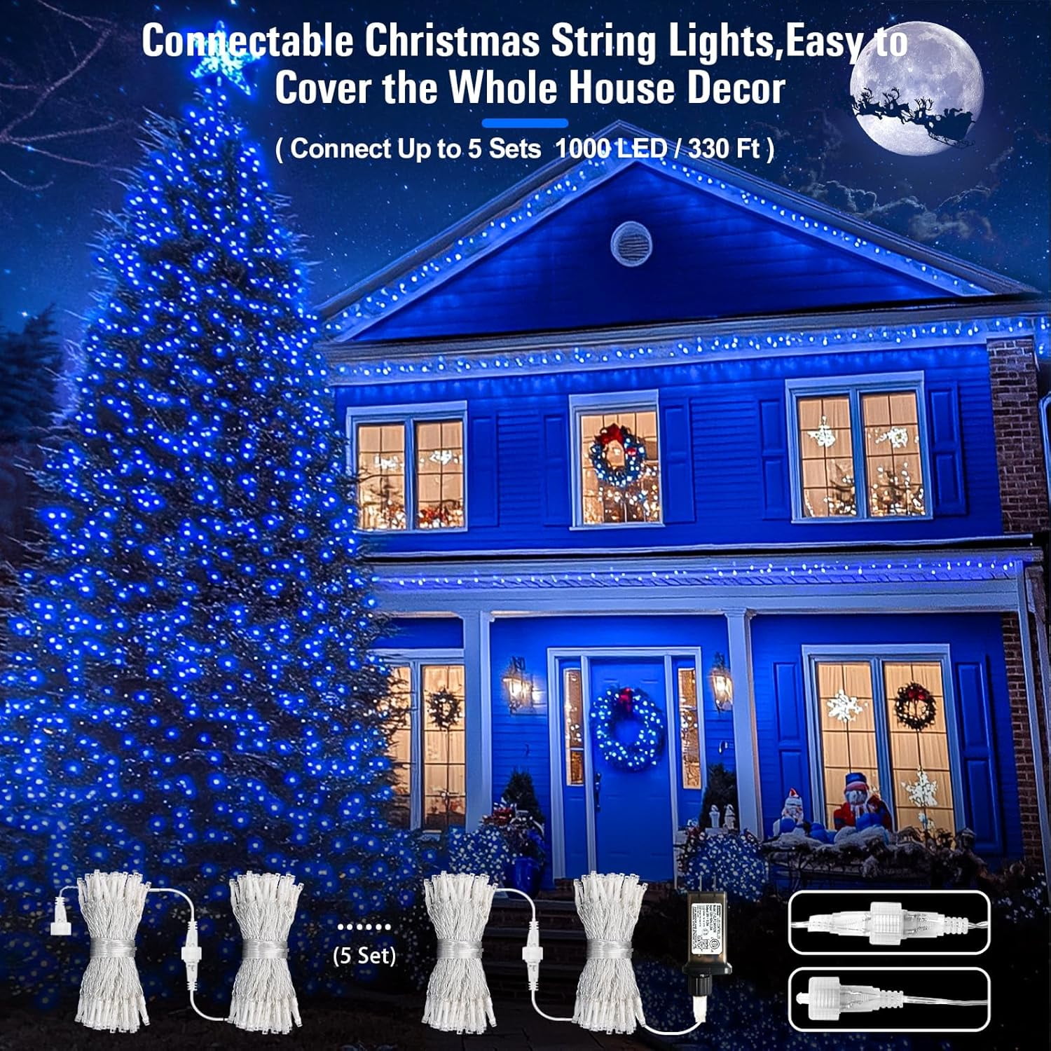 JUNXIAO-Blue Christmas String Lights Indoor Outdoor, 66ft 200 LED Blue ...