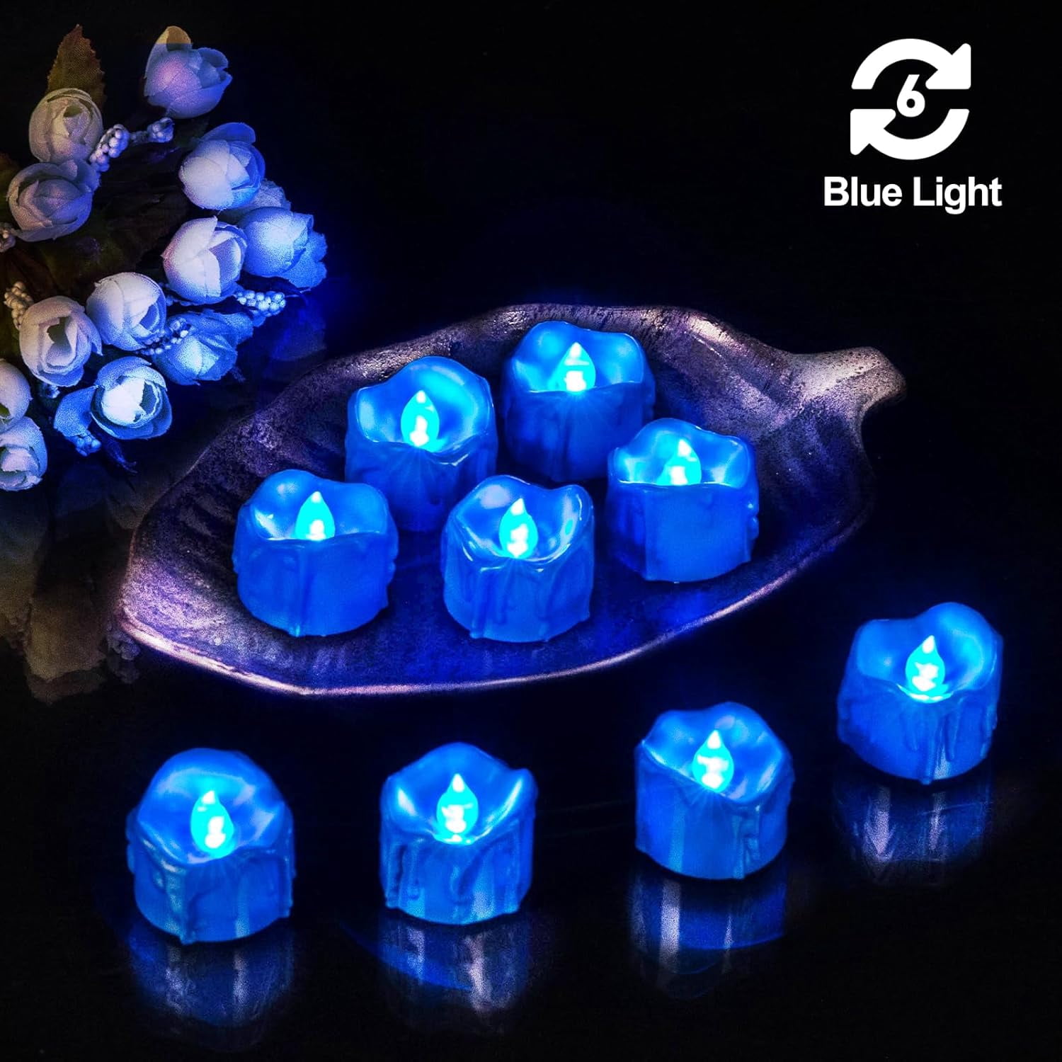 JUNXIAO-Blue Flickering Flame Tealight Candles with 6H Timer (No Remote ...