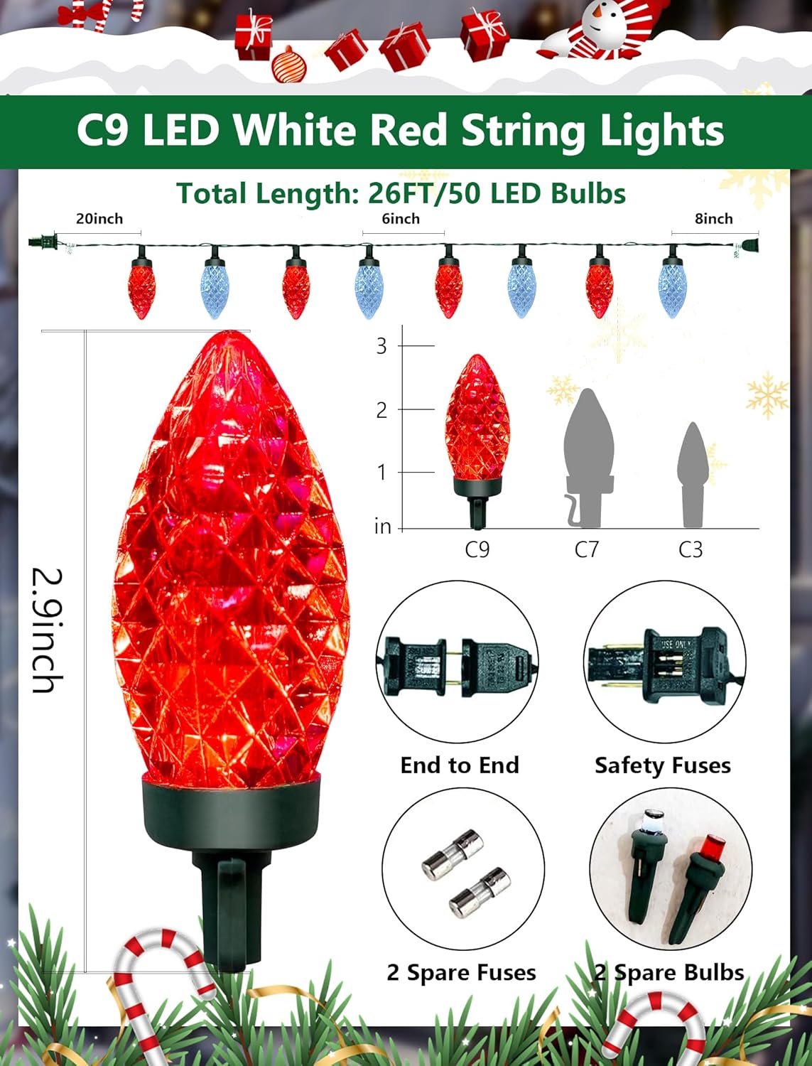 JUNXIAO-C9 Christmas String Lights, 50LED 26FT Red and White Christmas ...