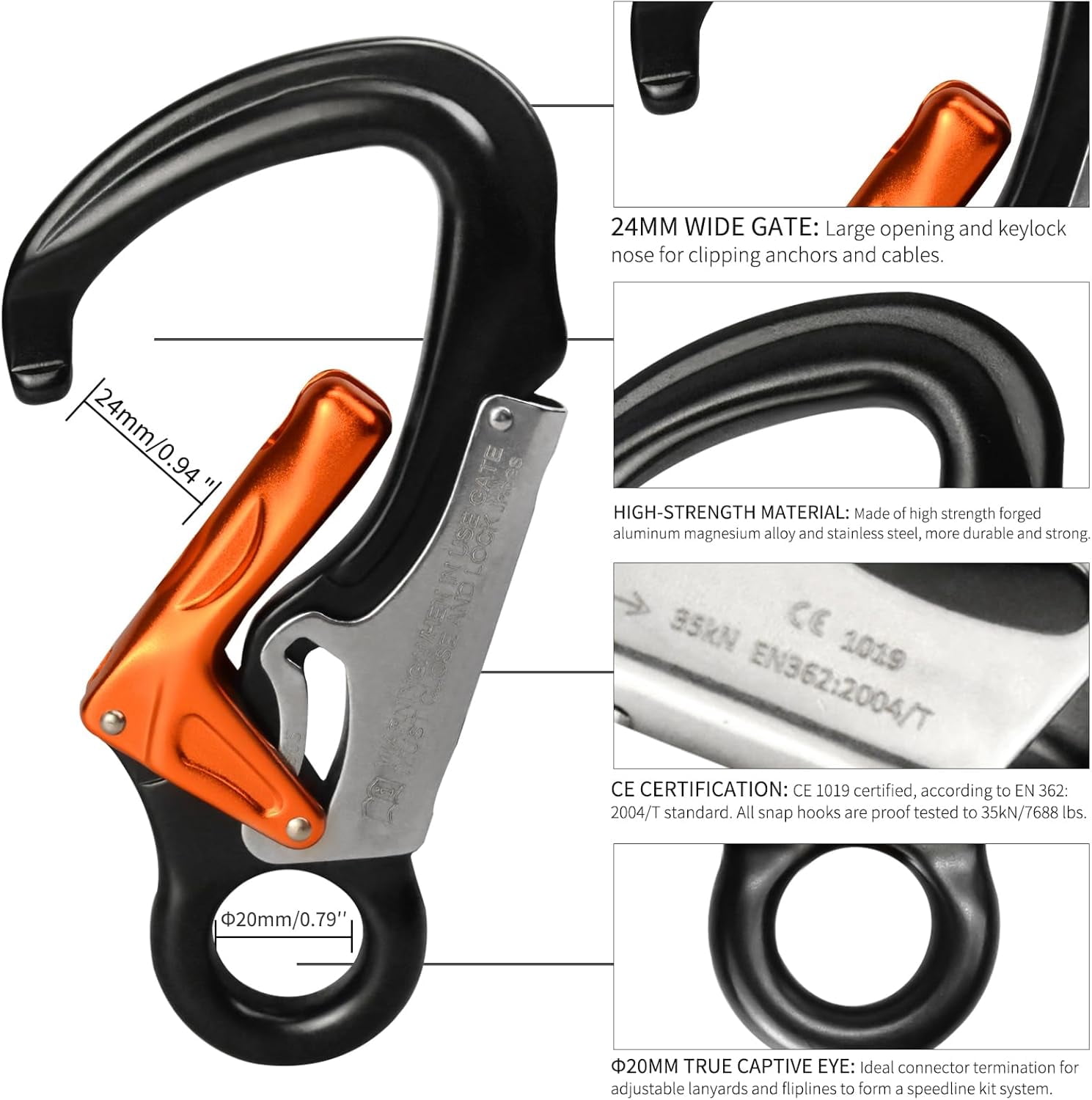JUNXIAO-CE 35kN Aluminum Snap Hook, Heavy Duty Captive Eye Forged Hook ...