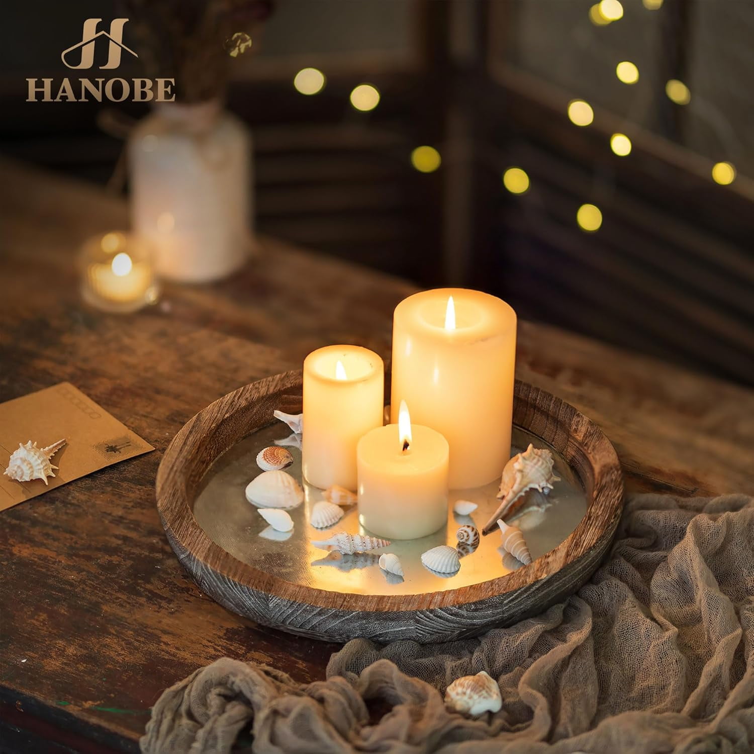 JUNXIAO-Candle Plate Holder Tray: Round Wooden Decorative Mirror Candle ...