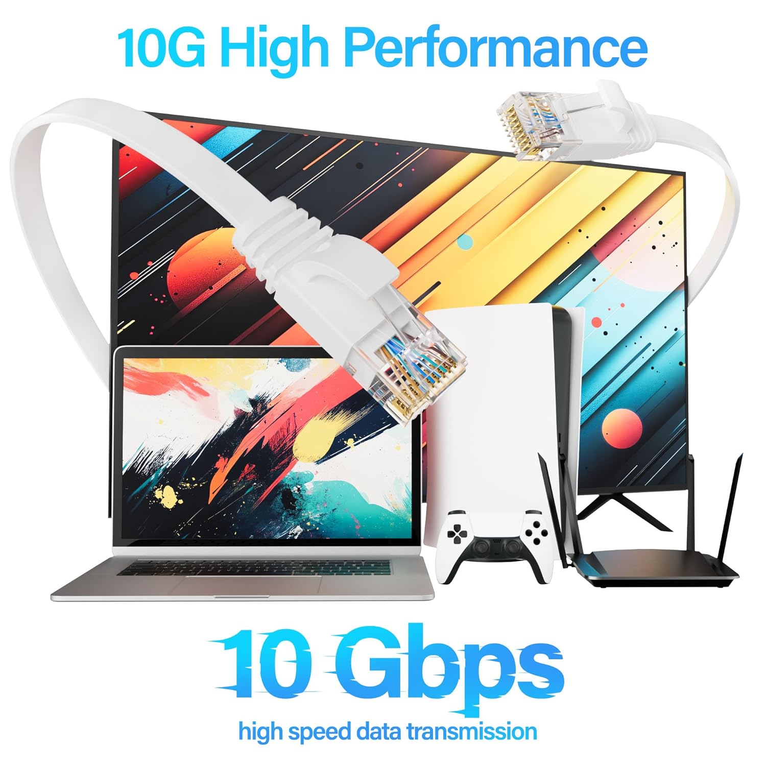 JUNXIAO-Cat 6 Flat Ethernet Cable 35 FT, UTP 10Gbps High-Speed Cat6 ...