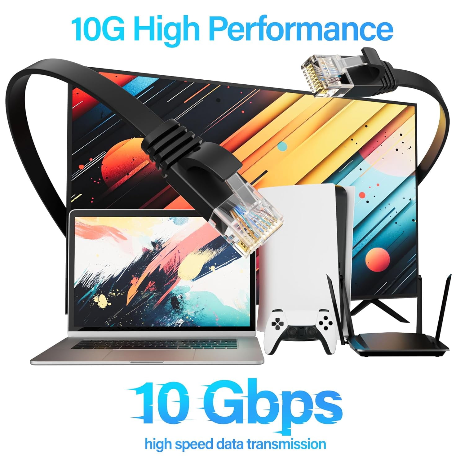 JUNXIAO-Cat 6 Flat Ethernet Cable 35 FT, UTP 10Gbps High-Speed Cat6 ...