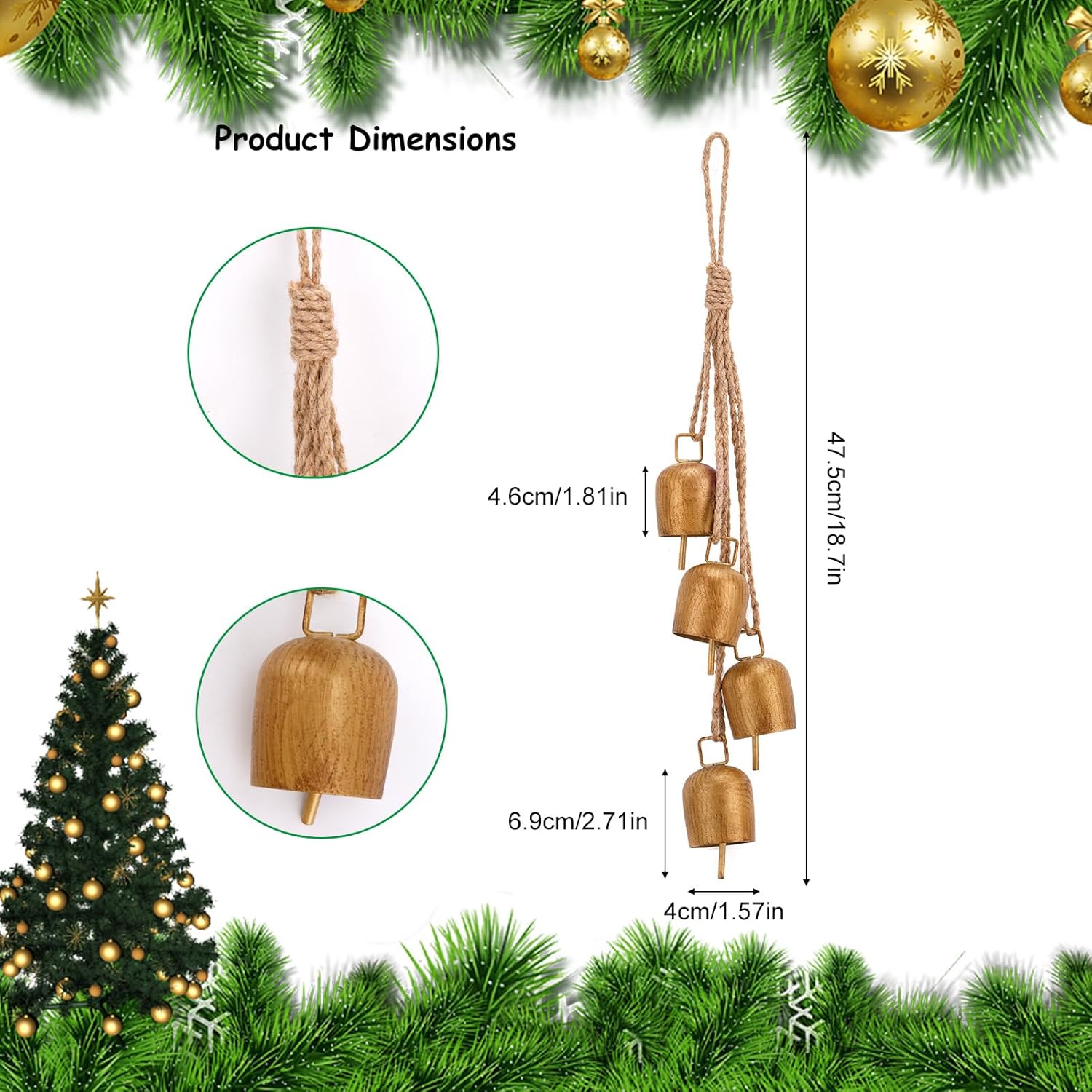 LINYAN-Christmas Bells, 4 Vintage Cluster Decorative Cow Bells on Rope ...
