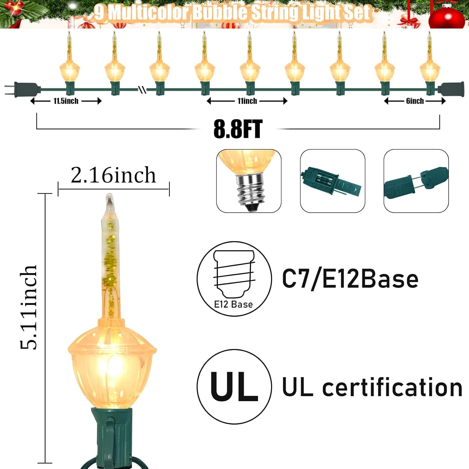 JUNXIAO-Christmas Bubble Lights Set, 8.8Ft Vintage Christmas Bubble ...
