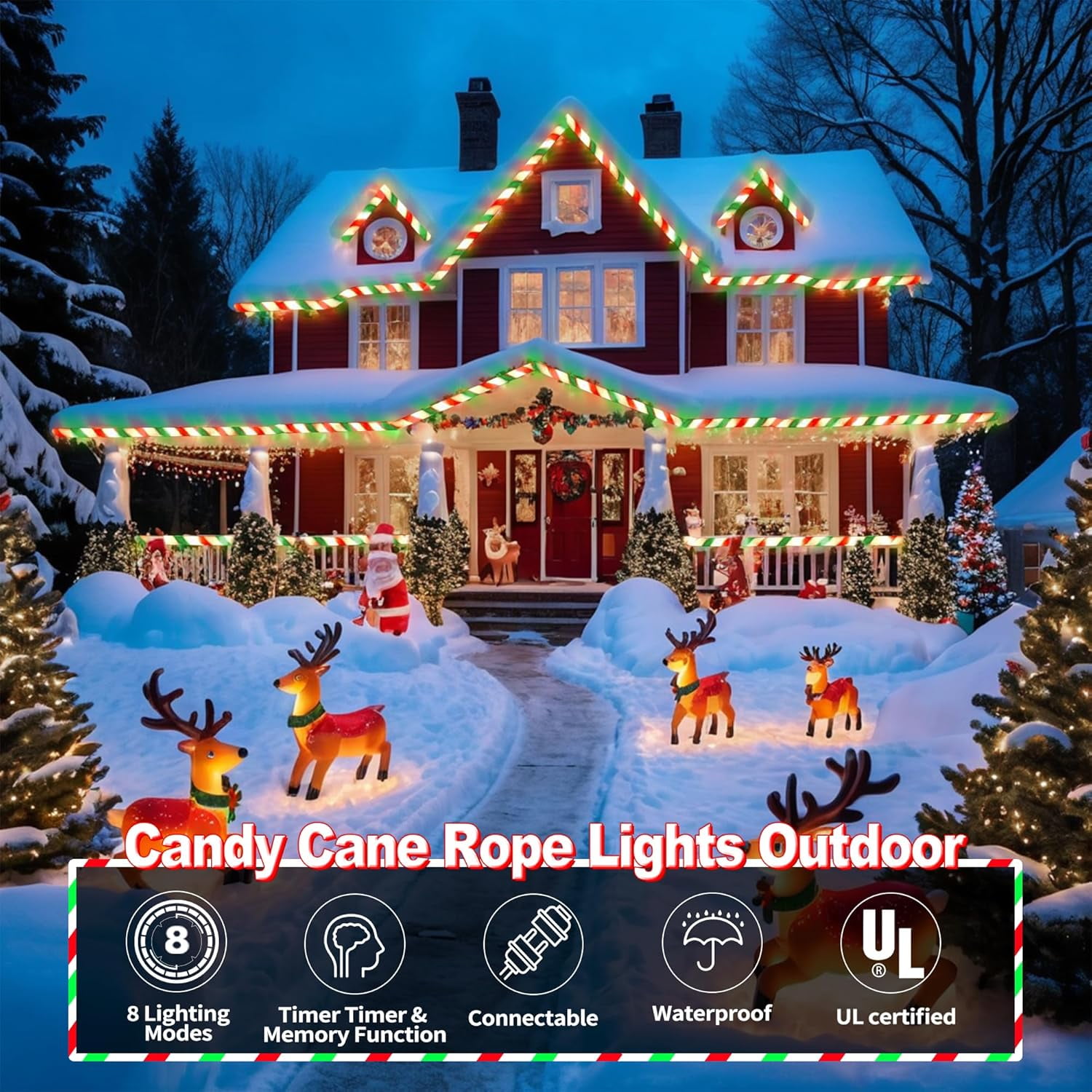 JUNXIAO-Christmas Candy Cane Lights, 33ft 240 LED Connectable White ...