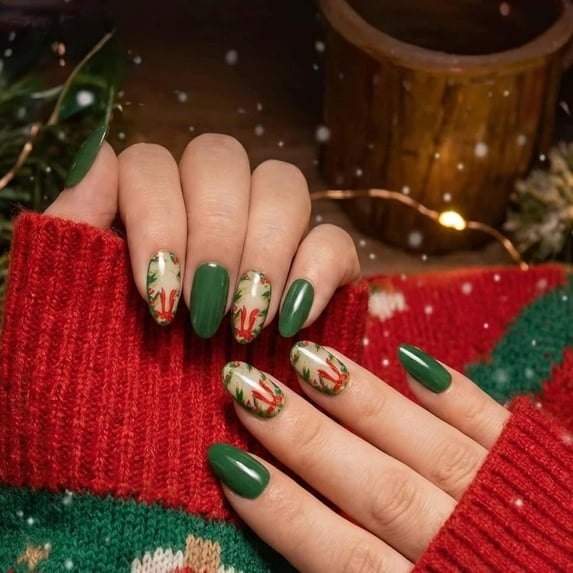JUNXIAO-Christmas Green Press on Nails Medium Almond Fake Nails with ...
