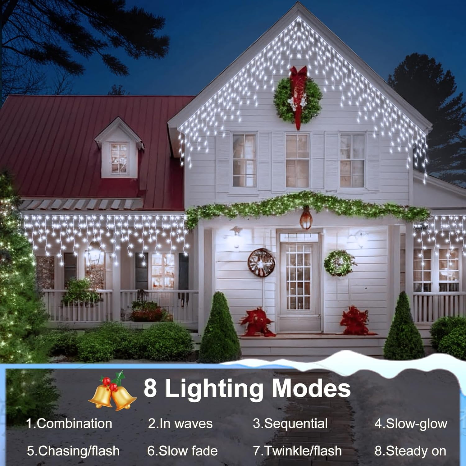 JUNXIAO-Christmas Icicle Lights Battery Powered, 20Ft 300 LED Icicle ...