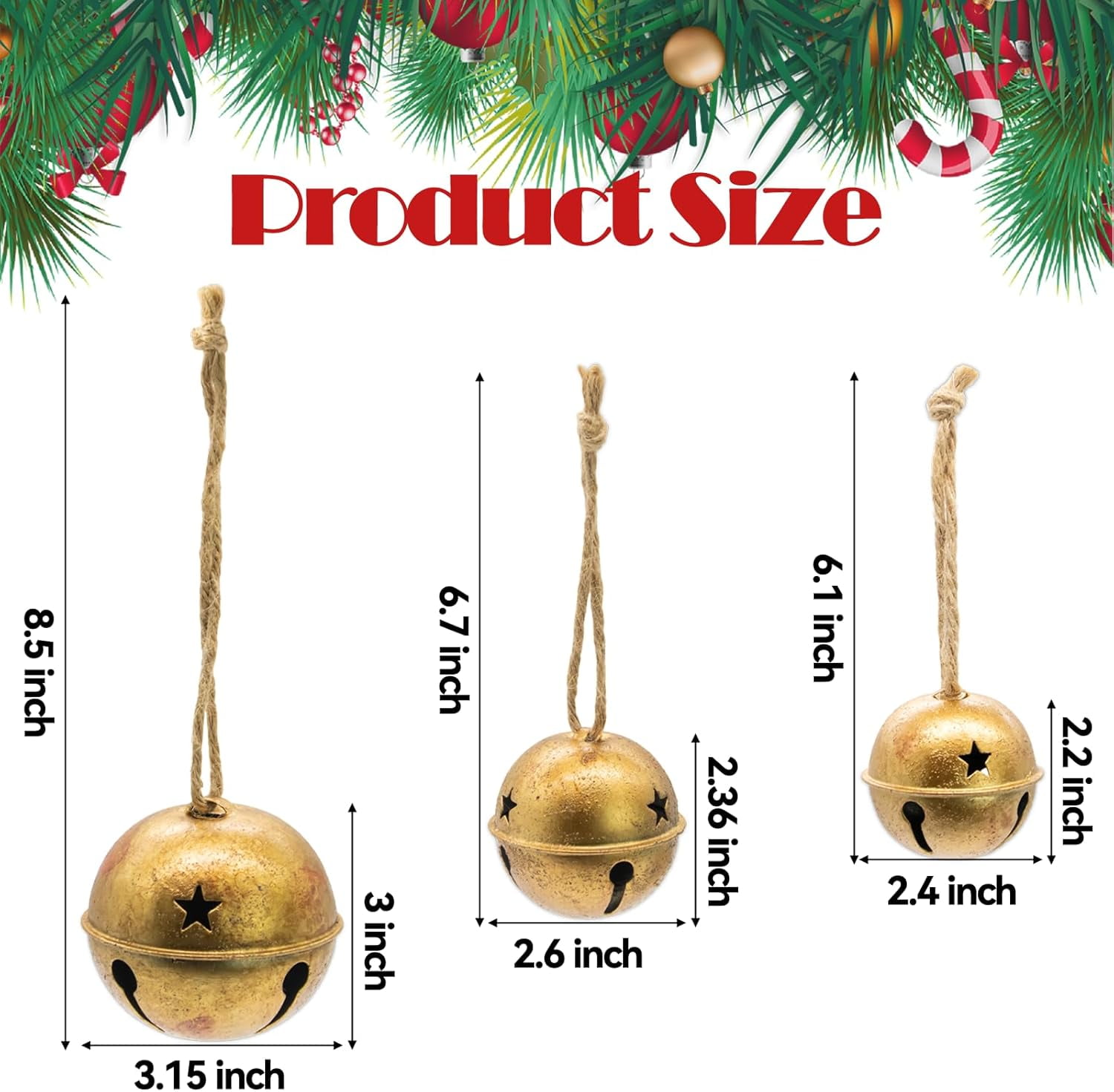 JUNXIAO-Christmas Jingle Bells Vintage Gold Brass Bells with Jute Rope ...