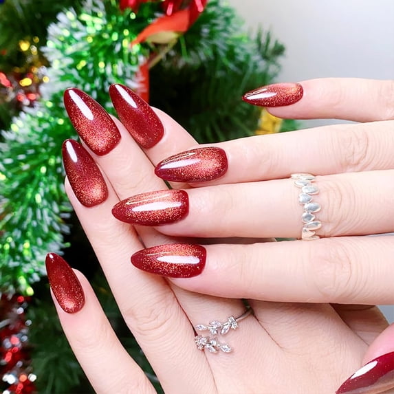 JUNXIAO-Christmas Press On Nails Medium Almond Fake Nails With Glue ...