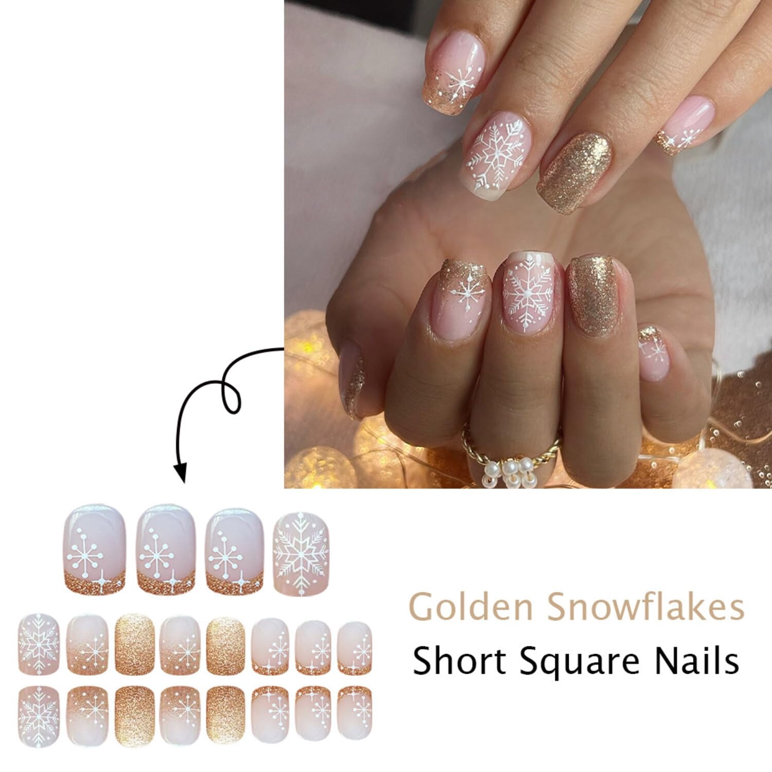JUNXIAO-Christmas Press on Nails Short Square French Tip Gold Fake ...