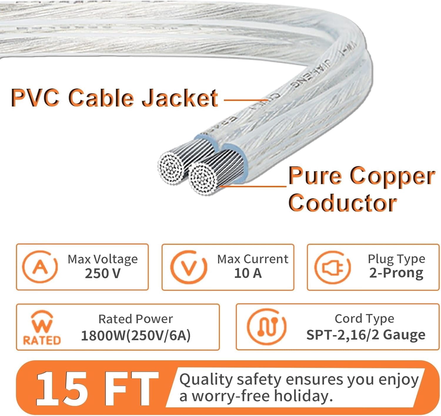 JUNXIAO-Clear Extension Cord 15 Ft, UL-Certified Clear Extension Cord ...