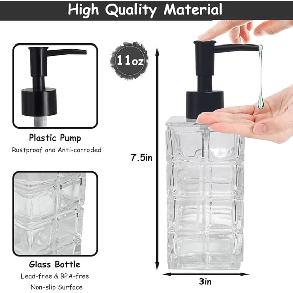 JUNXIAO-Clear Glass Soap Dispenser with Black Pump, 2 Pack 11oz Square ...