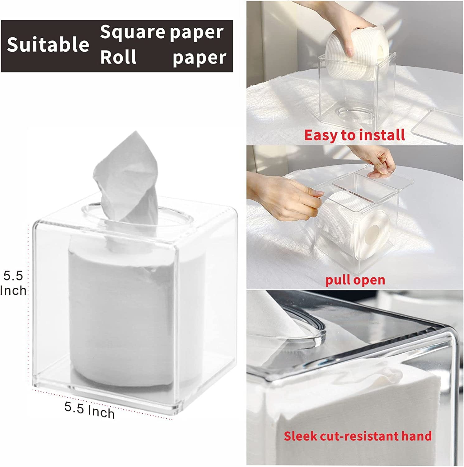 JUNXIAO-Clear Roll Tissue Box Holder with Cover Facial Tissue Dispenser ...