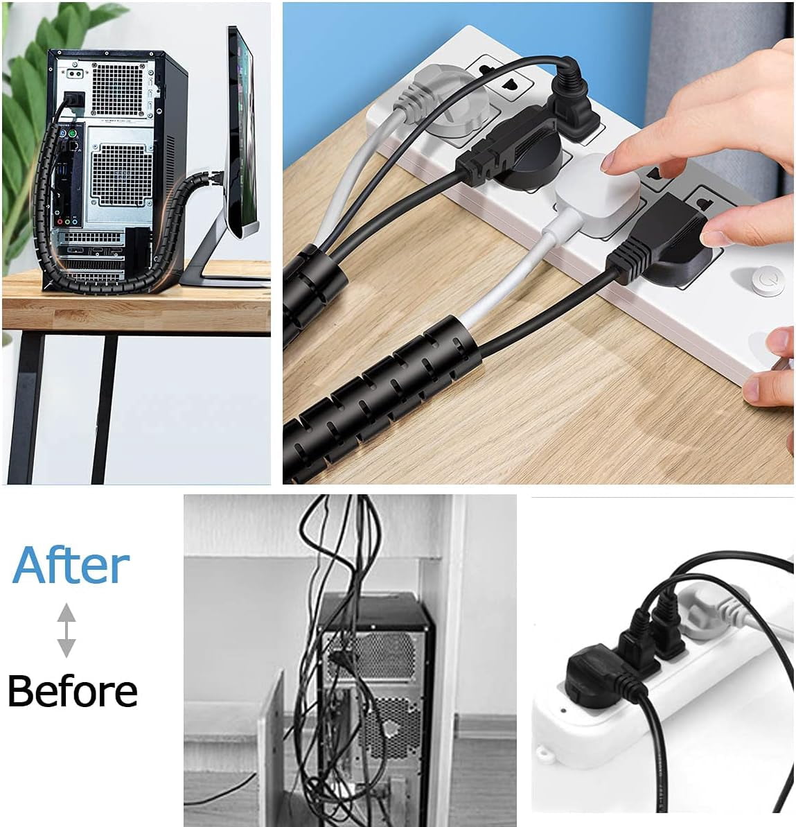 JUNXIAO-Computer Cable Sleeve Cord Management Organizer Large Black ...