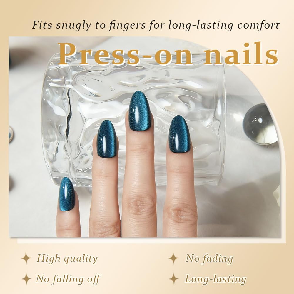 JUNXIAO-Dark Blue Press on Nails Almond Short, Sapphire Blue Cat Eye ...