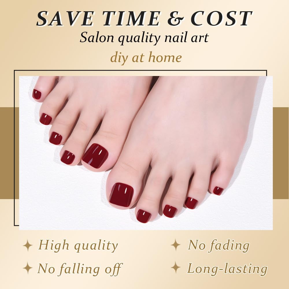 JUNXIAO-Dark Red Press on Toenails Square Short for Women, Pure Red ...