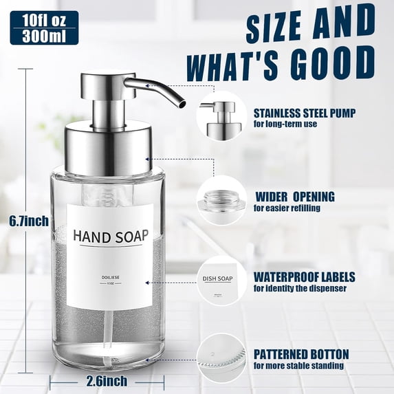 JUNXIAO-Doiliese Glass Foaming Hand Soap Dispenser, 10 oz Easy Refill ...