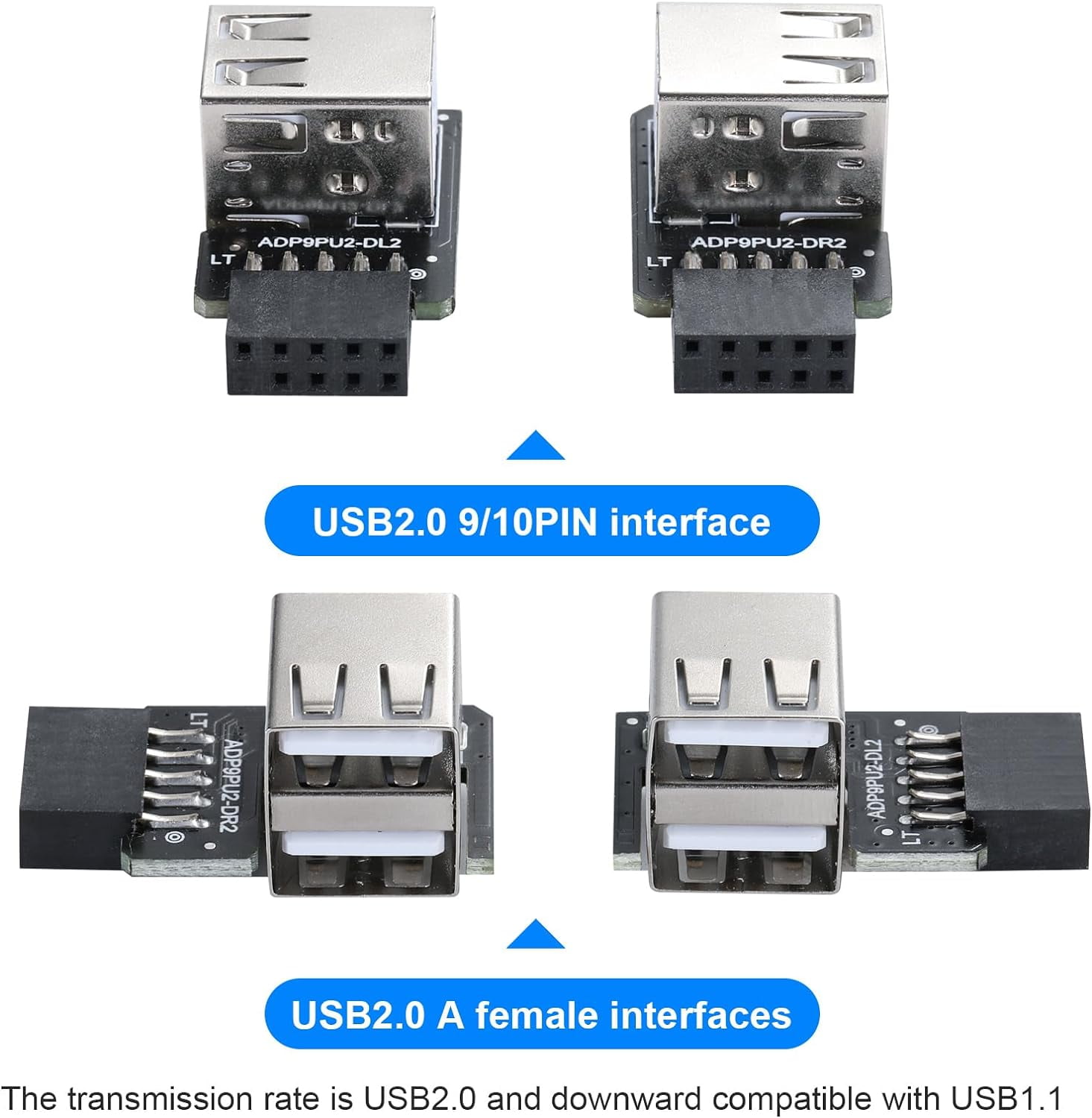 JUNXIAO-Dual 2-Port USB Motherboard Dual USB 2.0 9Pin Female Adapter ...