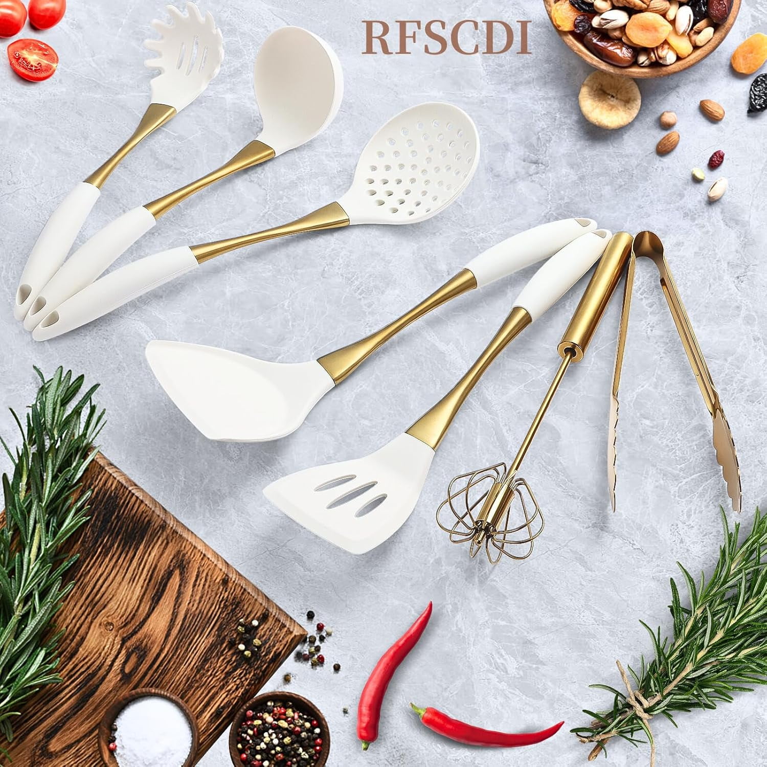 JUNXIAO-Elegant White Gold Silicone Cooking Utensils Set - Non-Toxic ...