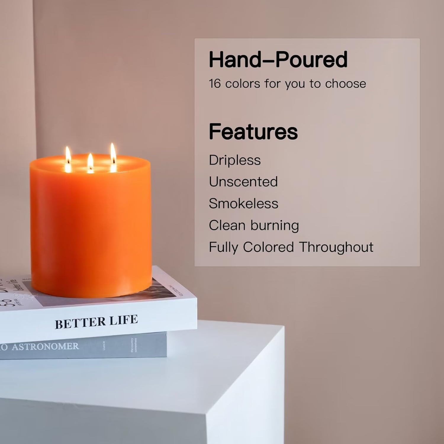 JUNXIAO-Extra Large 3 Wick Orange Pillar Candle, 6" x 6", Unscented ...