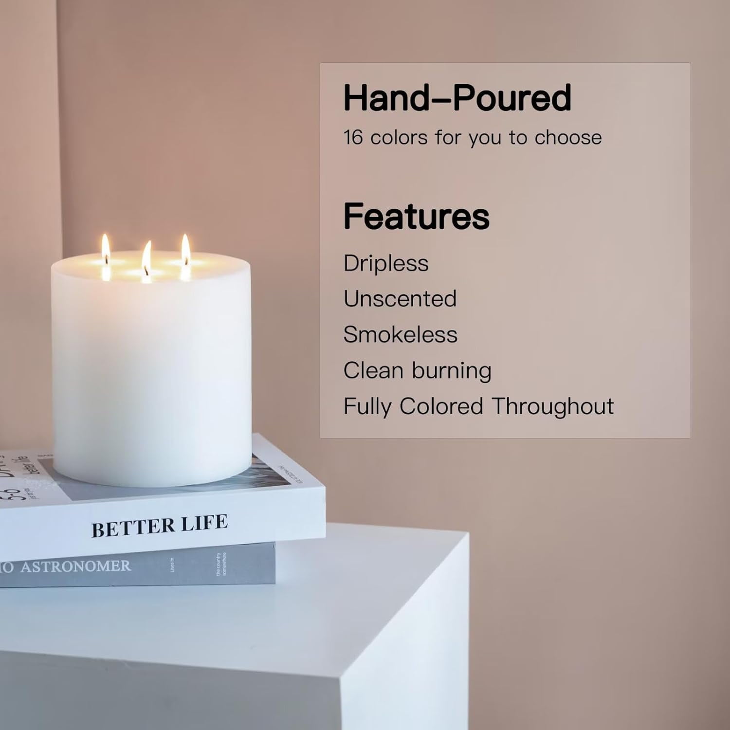 JUNXIAO-Extra Large 3 Wick White Pillar Candle, 6" x 6", Unscented ...