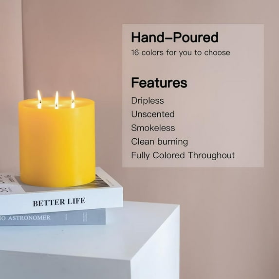 JUNXIAO-Extra Large 3 Wick Yellow Pillar Candle, 6" x 6", Unscented ...