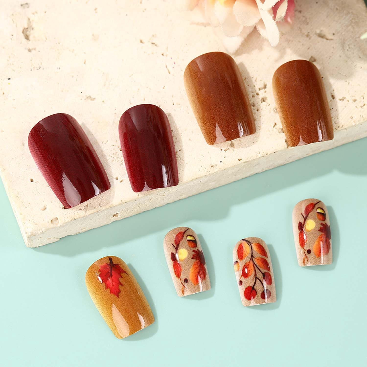 JUNXIAO-Fall Press on Nails Medium Square Fake Nails with Golden Red ...