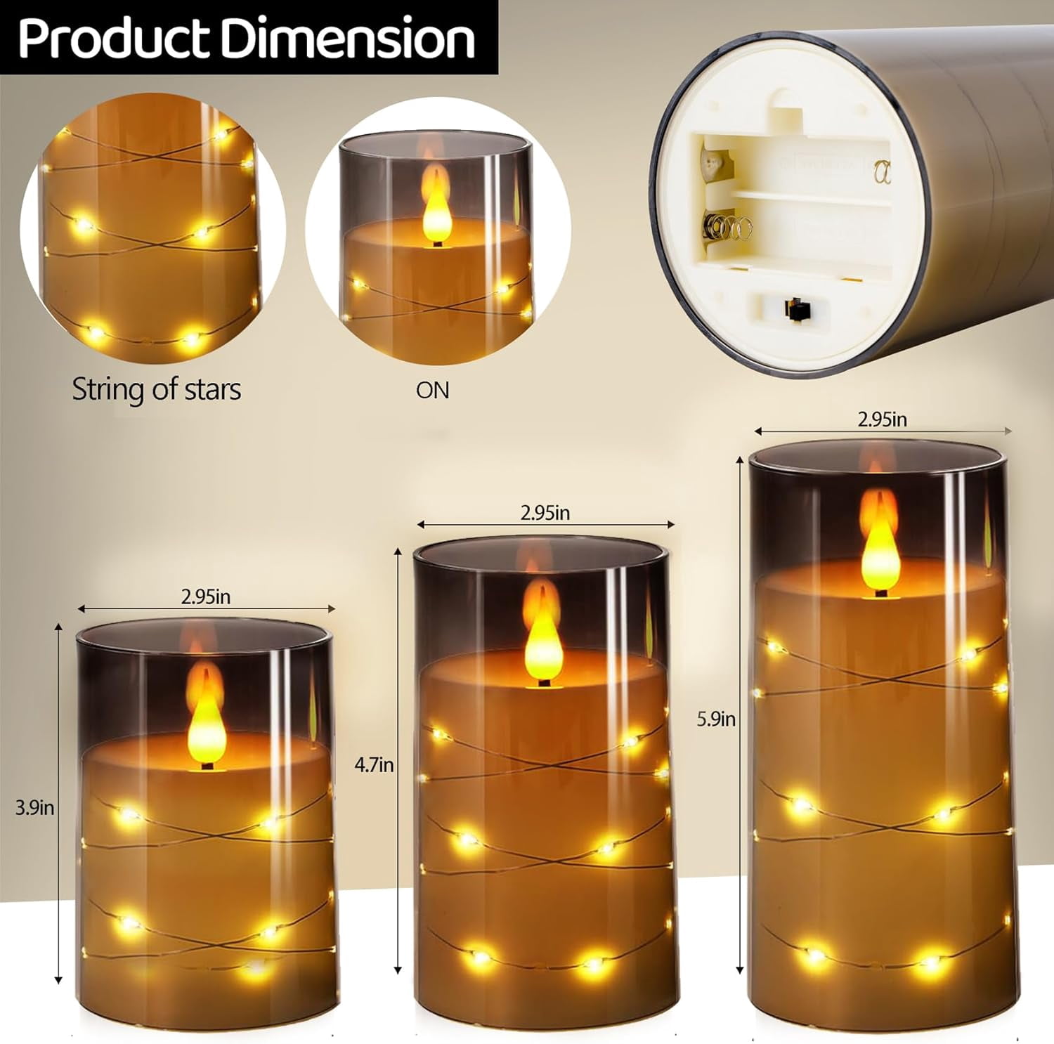 JUNXIAO-Flameless Candle with String Light, Battery Powered Candle ...
