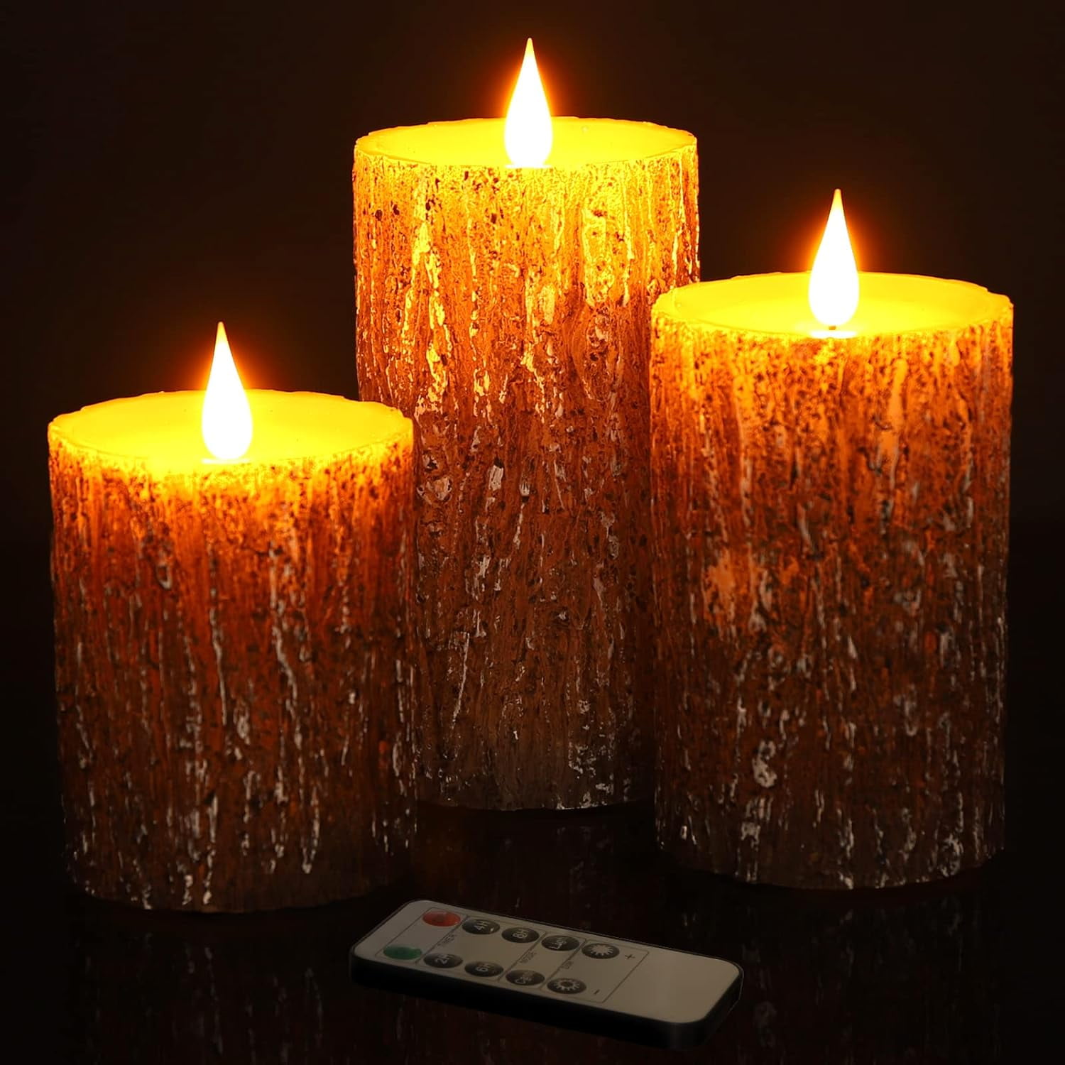 JUNXIAO-Flameless Candles Battery Operated Pillar Pine Effect Real Wax ...
